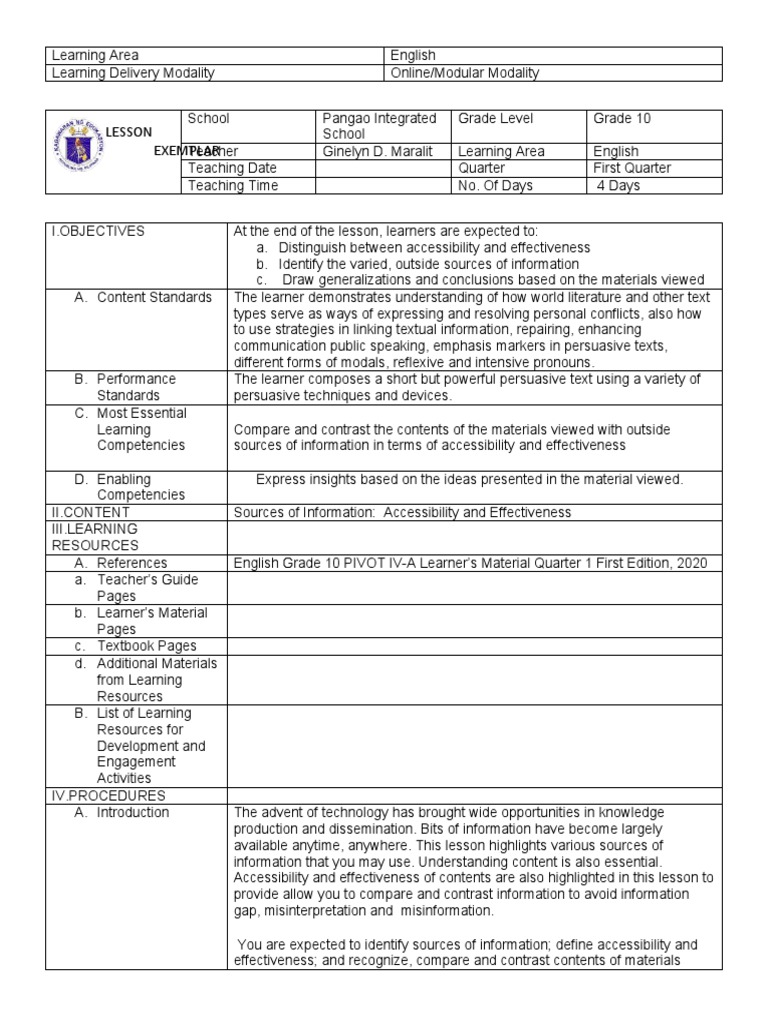 G10-MELC4-WEEK 4-Lesson-Exemplar | PDF | Accessibility | Learning