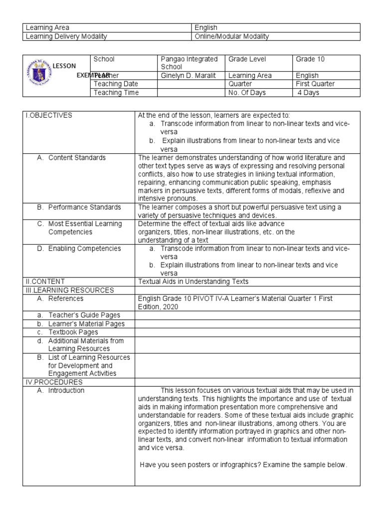 Grade 10 English: Textual Aids Lesson | PDF | Learning | Chart