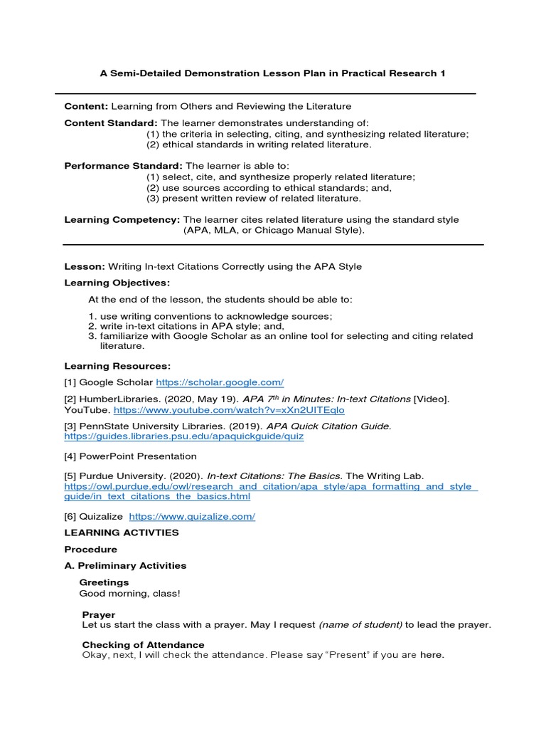 APA In-Text Citation Lesson Plan | PDF | Citation | Apa Style