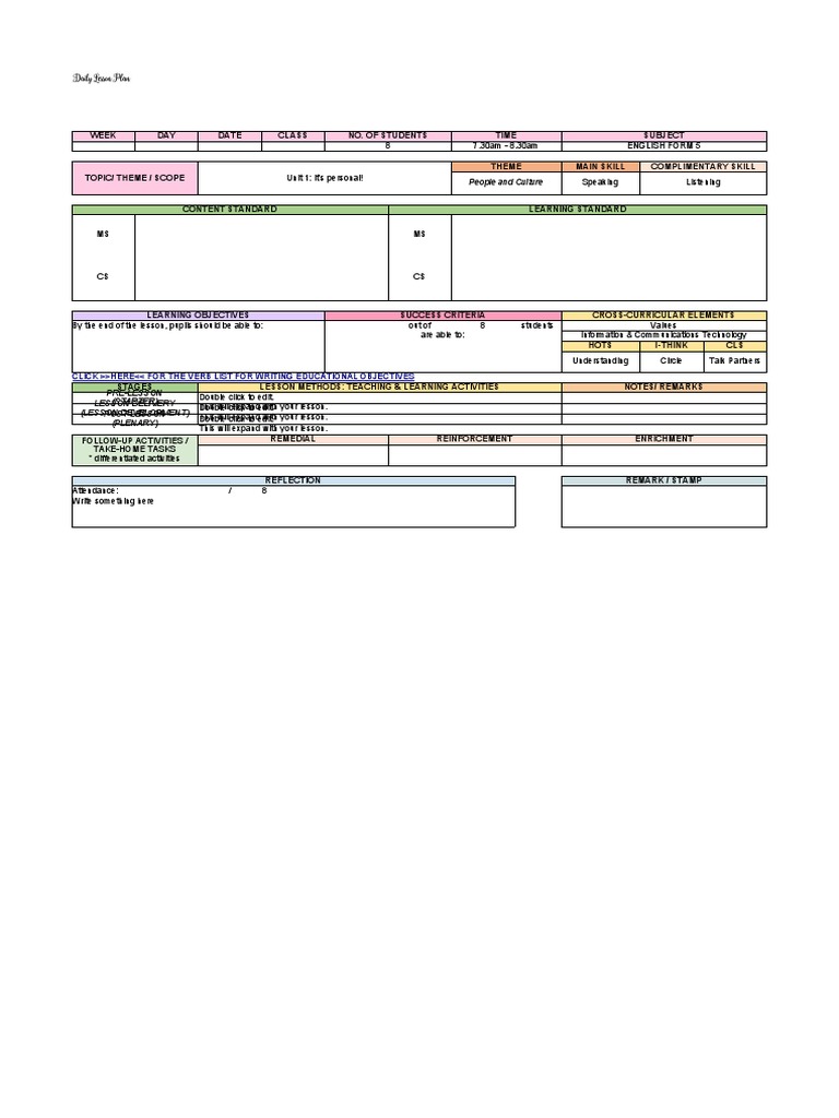 Form 5 Lesson Plan Template Ver 2.0 (With Dropdowns) | PDF ...
