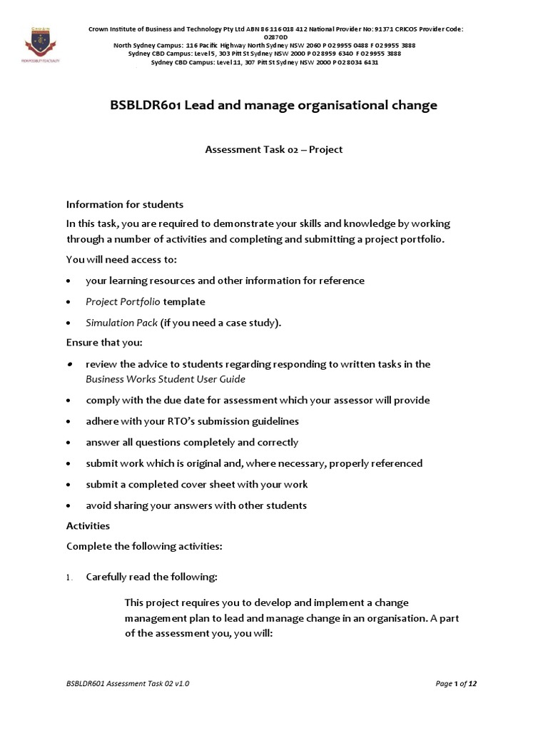 BSBLDR601 Assessment Task 02 v1.0 | PDF | Risk Management | Change Management