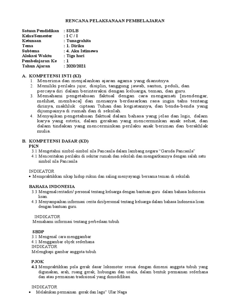 RPP Tunagrahita Kelas 1 Tema 1 Subtema 4 | PDF | Seni & Disiplin Bahasa | Kajian Bahasa Asing