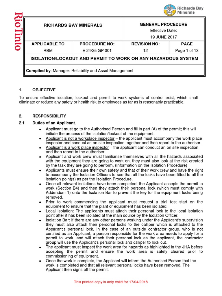 E 24 25 GP 001 Isolation, Lockout and Permit To Work On Any Hazardous ...