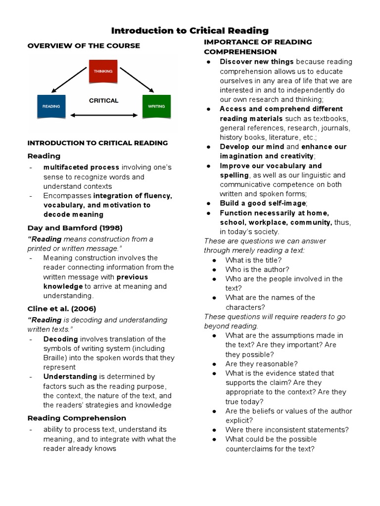 Introduction To Critical Reading | PDF | Reading Comprehension | Mental ...