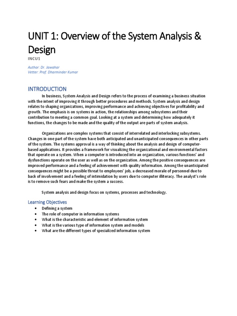 UNIT 1 - Overview of The System Analysis and Design | PDF | System ...