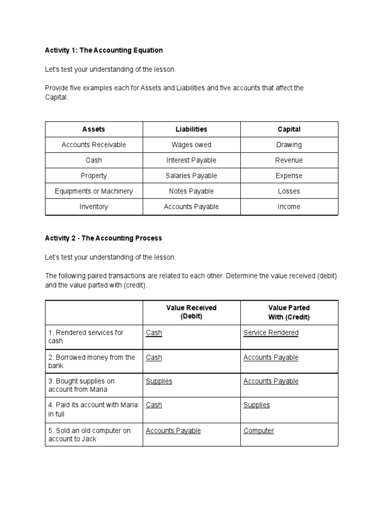 Activity 1: The Accounting Equation | PDF