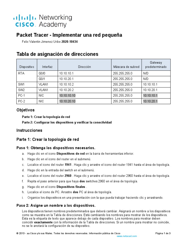 1.6.1 Packet Tracer - Implement A Small Network | PDF | Enrutador ...