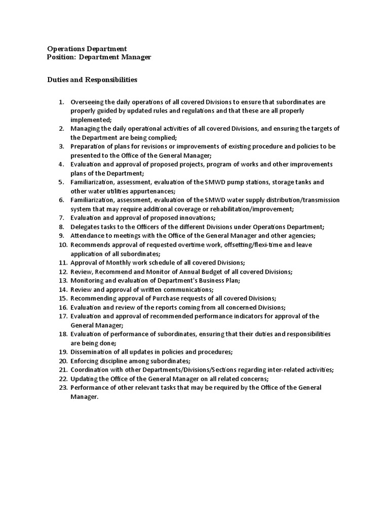 Operations Department (Duties and Responsibilities) | PDF | Pump ...