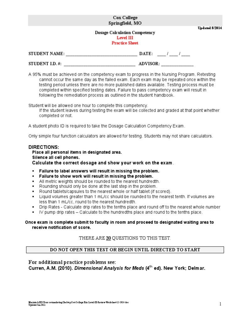 Practice Dosage Calculation Competency Exam for Level III and IV ...