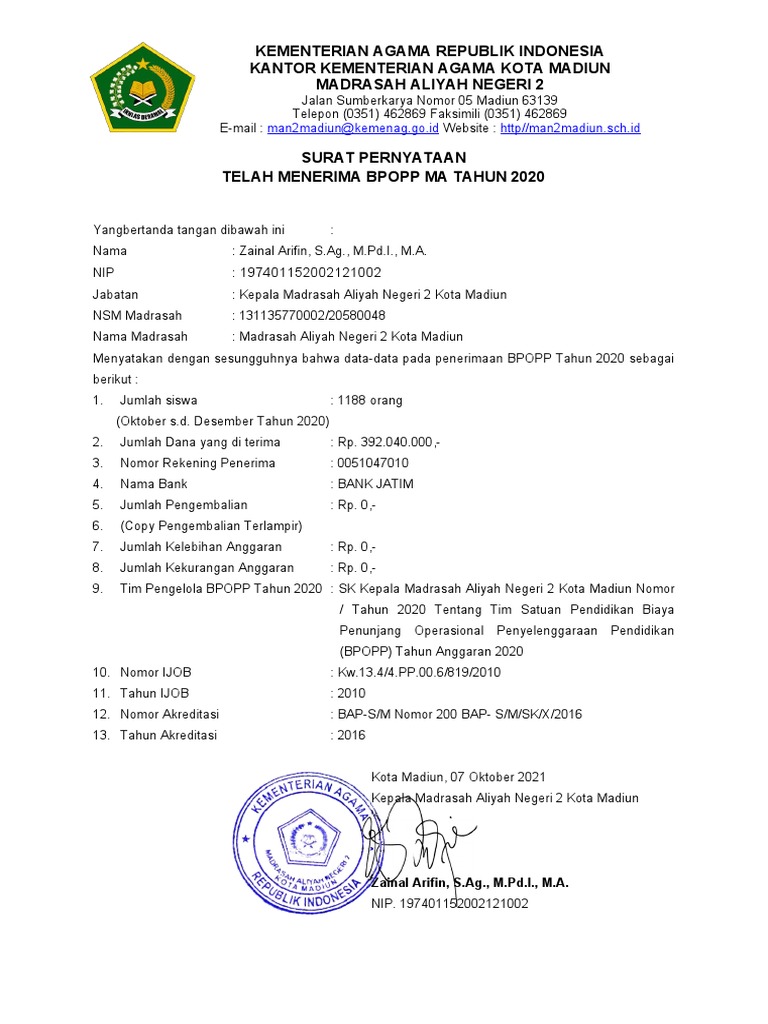 Surat Pernyataan Menerima Bpopp | PDF