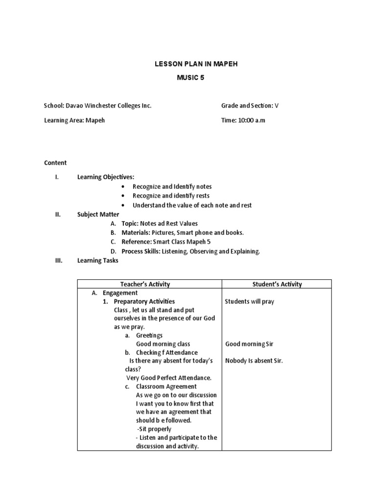 Notes and Rests Lesson Plan for Grade 5 | PDF | Lesson Plan | Education ...