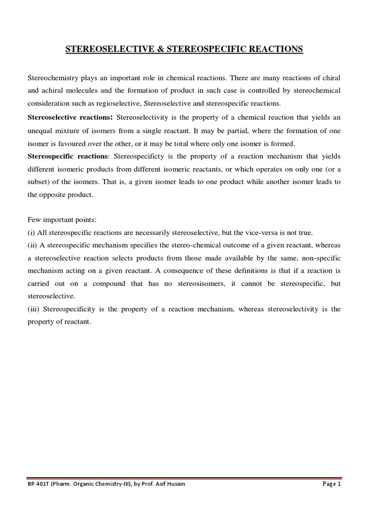Stereoselective & Stereospecific Reactions | PDF