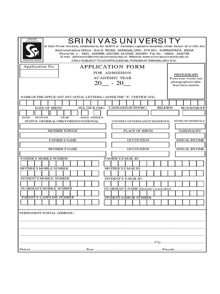Srinivas University: Application Form | PDF | Justice | Crime & Violence