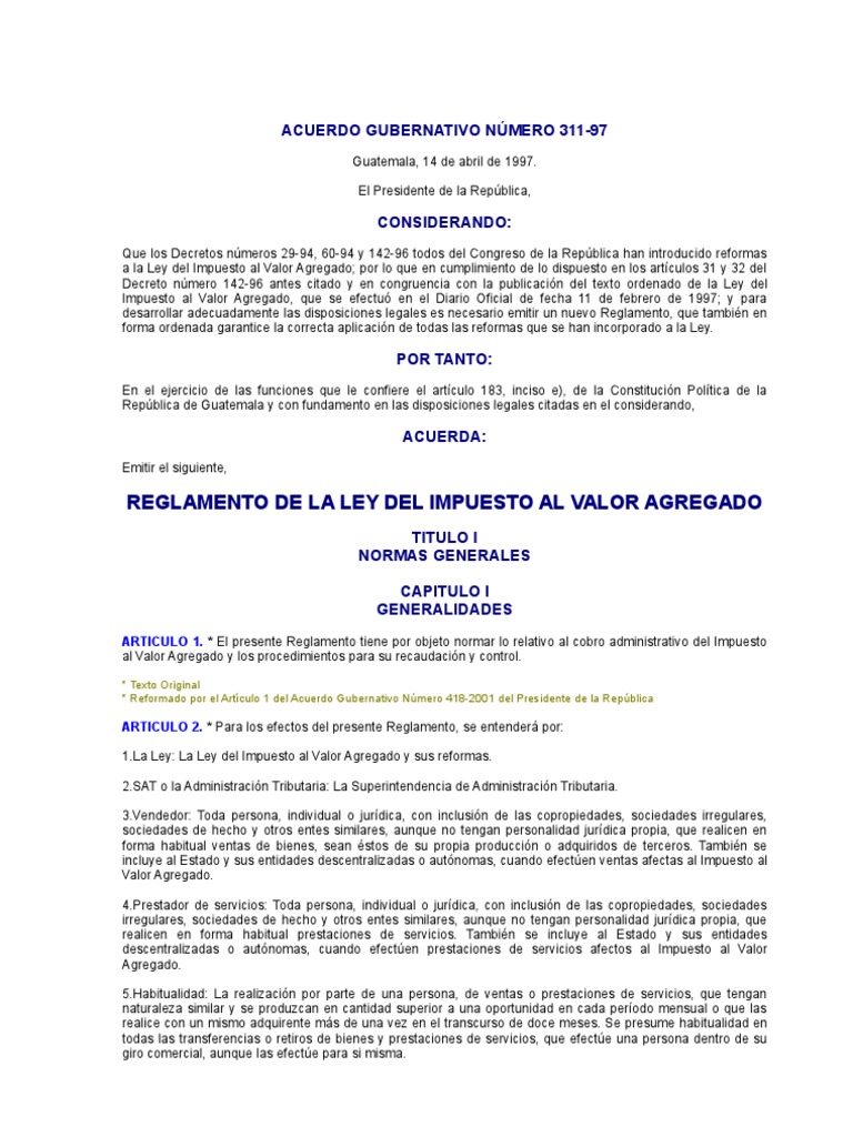 Acuerdo Gubernativo 311-97 Reglamento de La Ley Del Impuesto Al Valor ...