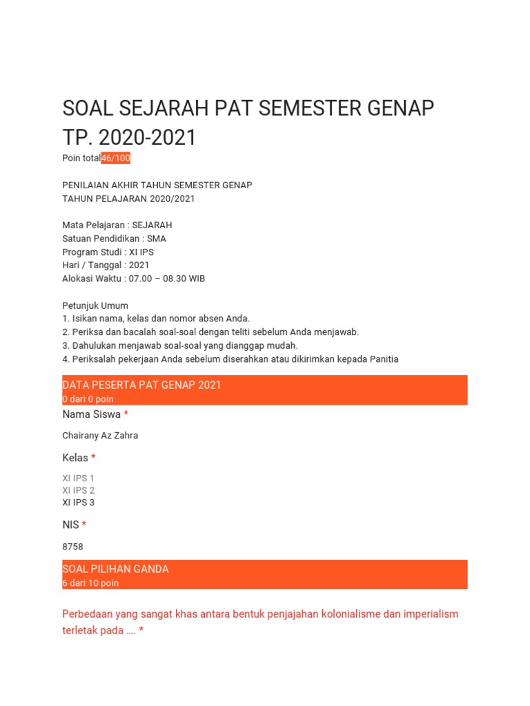 Soal Sejarah Pat Semester Genap TP | PDF
