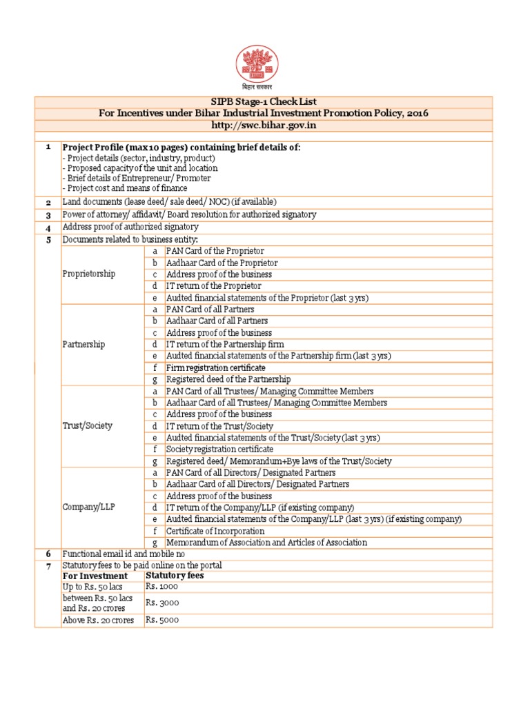 SIPB Stage-1 Check List For Incentives Under Bihar Industrial ...