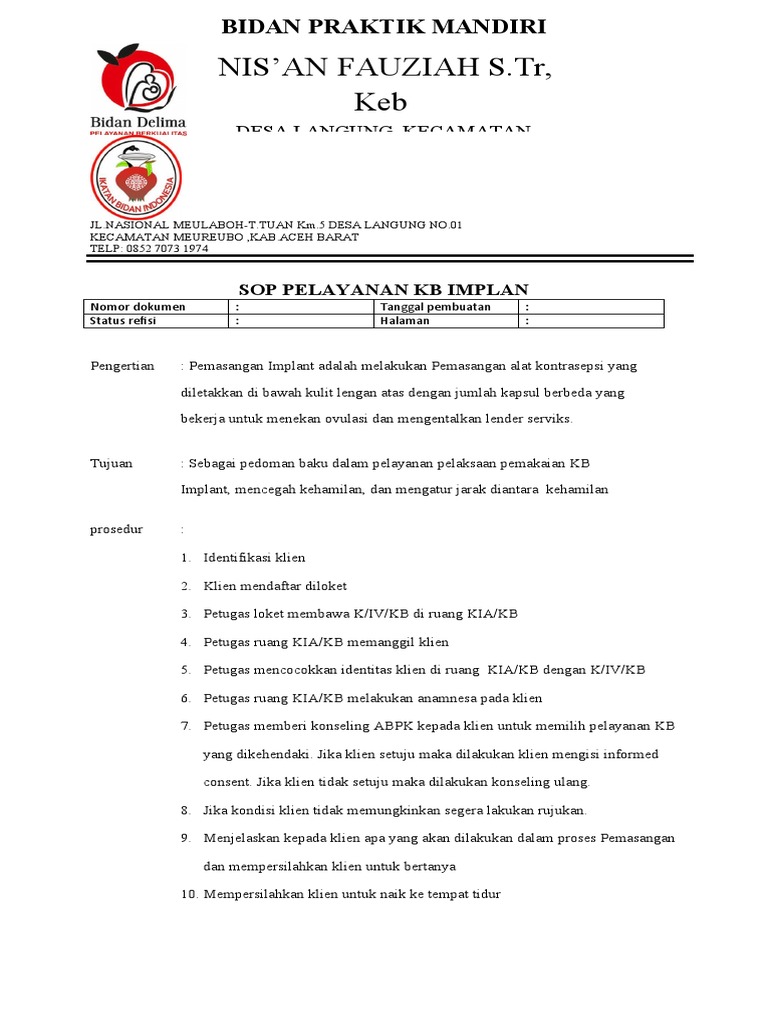 Sop Pelayanan KB Implan | PDF
