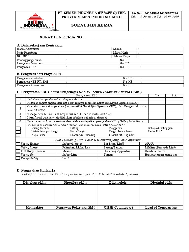 01-Form Surat Ijin Kerja | PDF