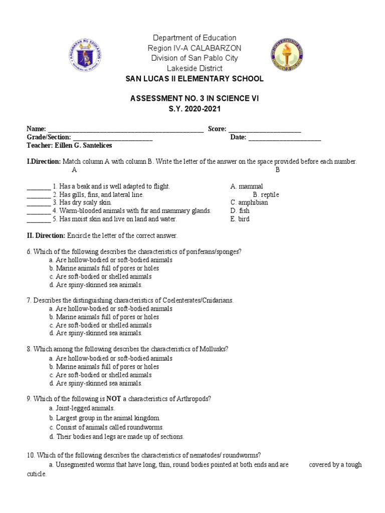 Science VI Assessment: Animal Classification | PDF | Invertebrate | Sponge