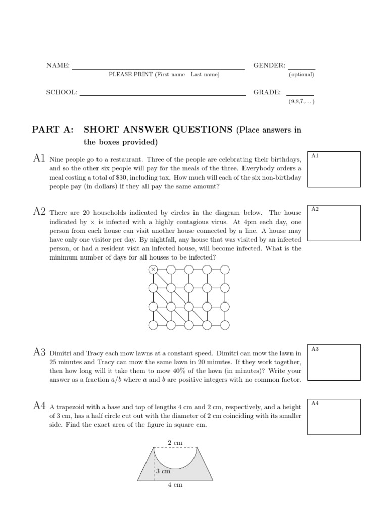 Part A: Short Answer Questions: (Place Answers in The Boxes Provided ...