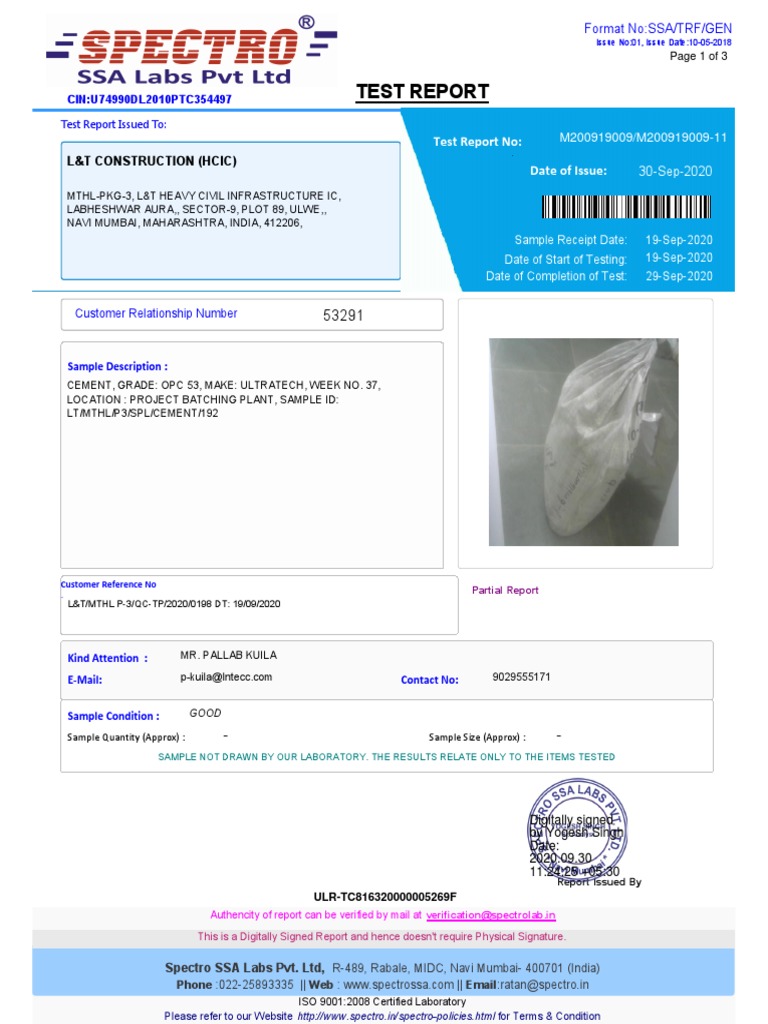 Ultratech Cement Test Report 2020 | PDF | Chemical Elements | Physical ...