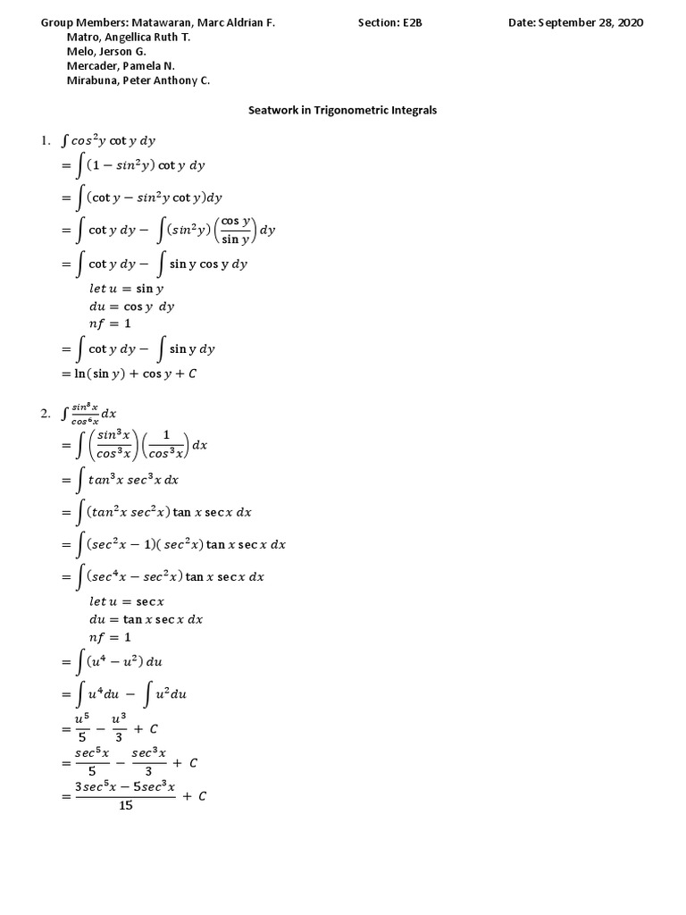 Seatwork in Trigonometric Integrals | PDF