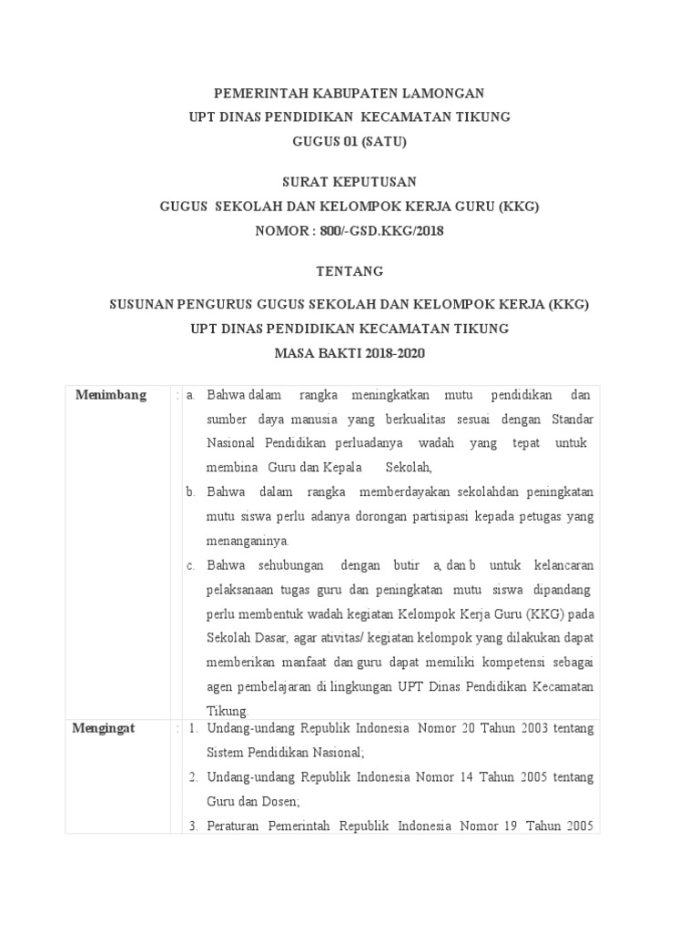 SK Pengurus KKG Gugus SD 2018-2020 | PDF | Karier & Perkembangan