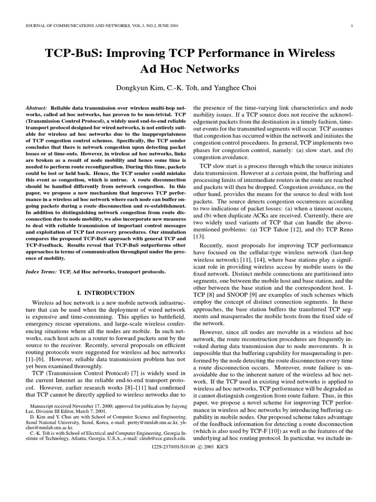 Tcp-Bus: Improving TCP Performance in Wireless Ad Hoc Networks | PDF | Transmission Control ...