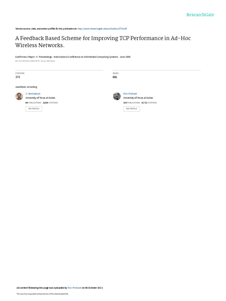 A Feedback Based Scheme For Improving TCP Performance in Ad-Hoc Wireless Networks | PDF ...