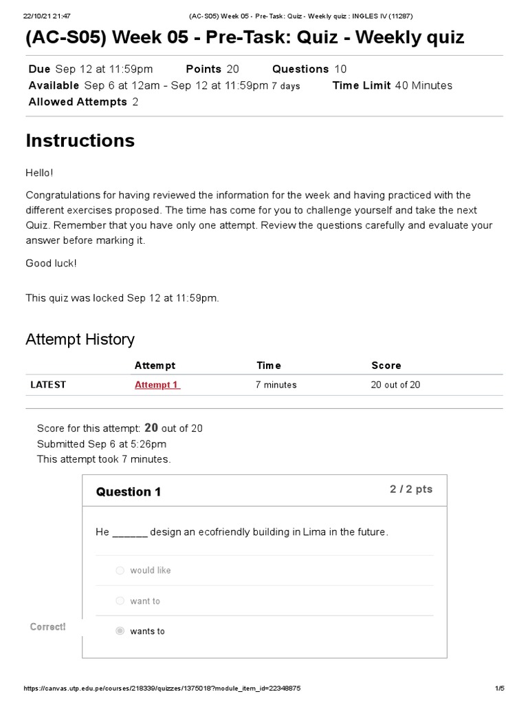 (AC-S05) Week 05 - Pre-Task - Quiz - Weekly Quiz - INGLES IV (11287 ...