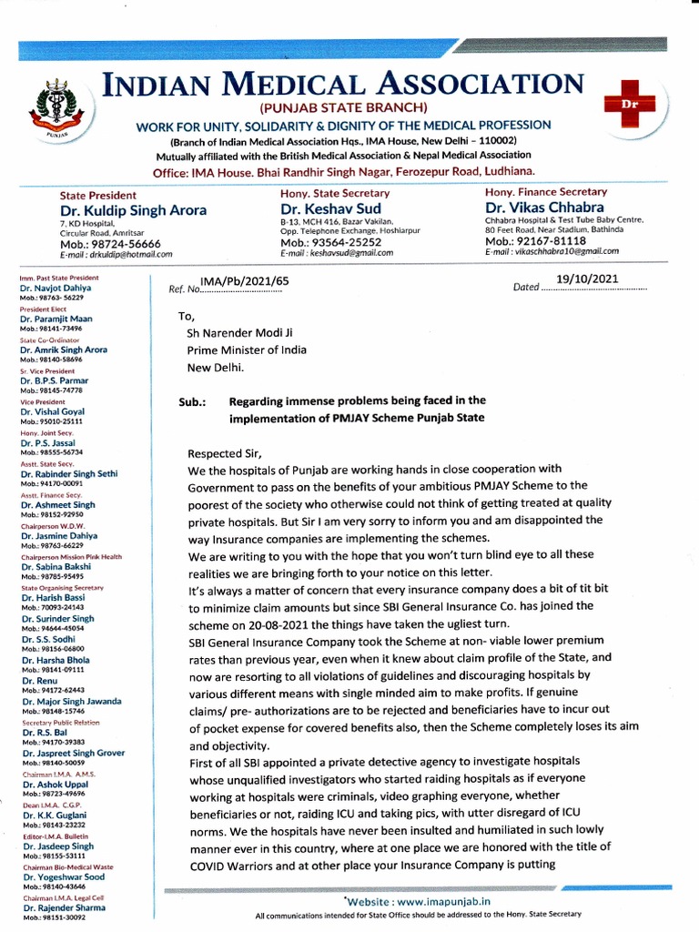 Letter from Punjab State Branch of Indian Medical Association to Prime Minister of India ...