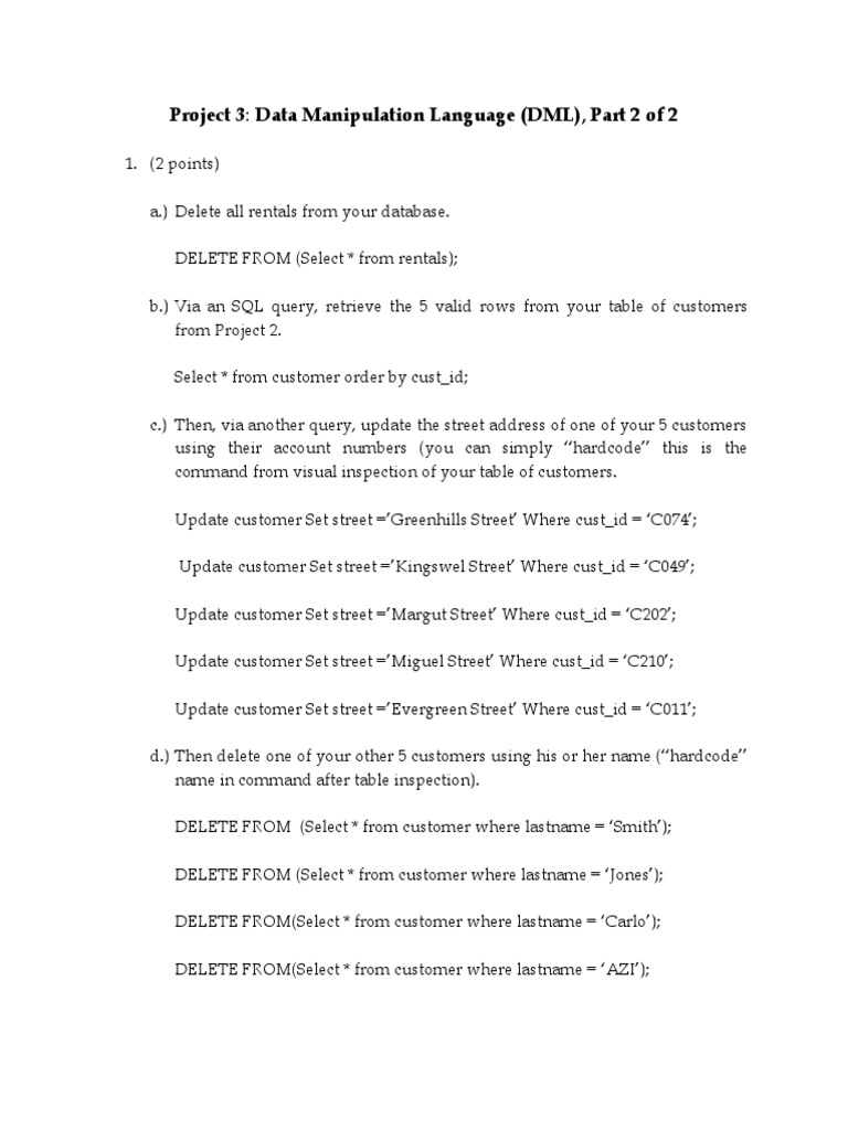 Project 3: Data Manipulation Language (DML), Part 2 of 2 | PDF | Data | Sql