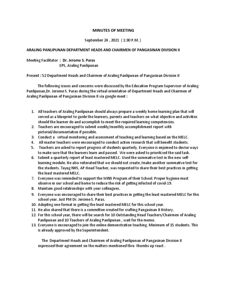 Minutes of Meeting: Araling Panlipunan Department Heads and Chairmen of ...