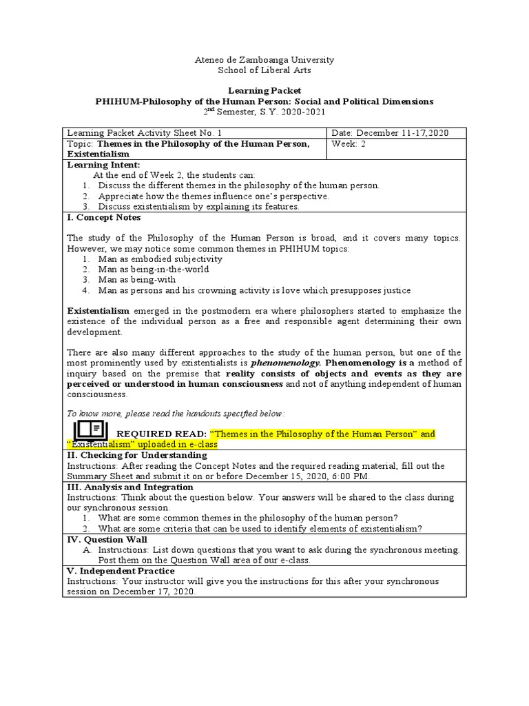 Week 2 Learning Packet - Themes in The Philosophy of The Human Person ...