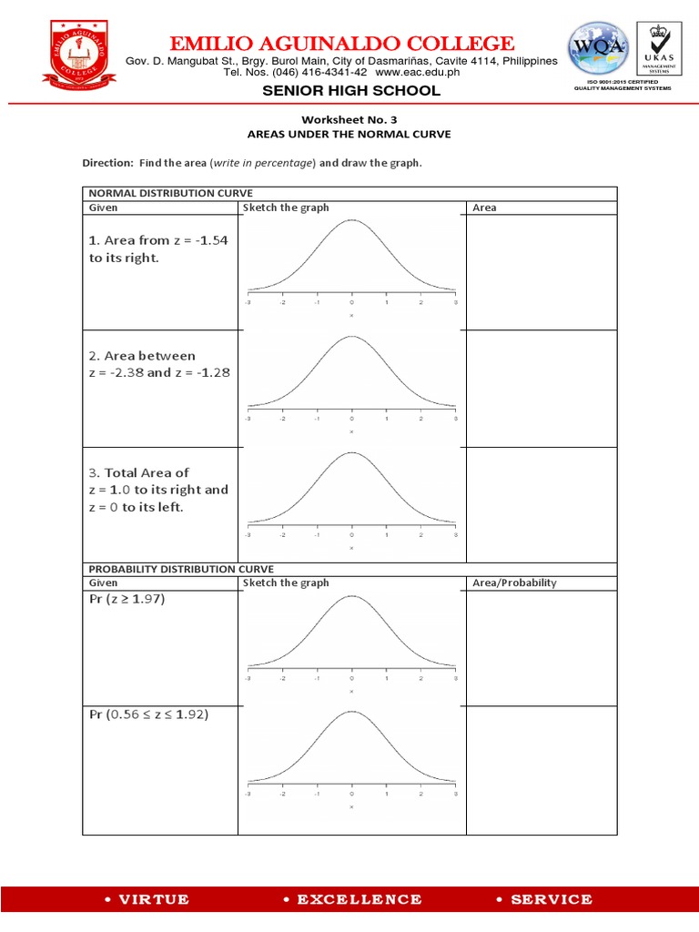 Areas Under the Normal Curve Worksheet | PDF