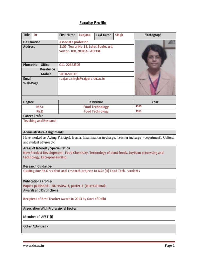 Faculty Proforma DR Ranjana Singh | PDF