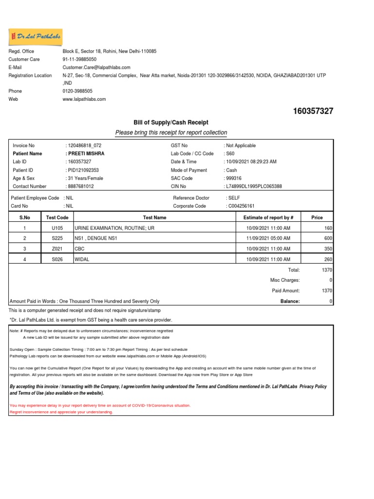 Please Bring This Receipt For Report Collection: Bill of Supply/Cash ...