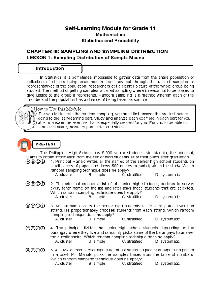 Self-Learning Module For Grade 11: Chapter Iii: Sampling and Sampling ... Self-Learning Module For Grade 11: Chapter Iii: Sampling and Sampling ...
