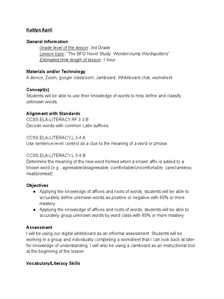 BFG Lesson Plan | PDF | Word | Vocabulary