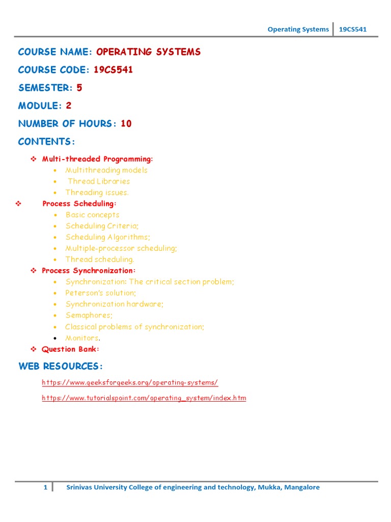 19cs541 Operating Systems Module 2 Multithreaded Programming Pdf Thread Computing