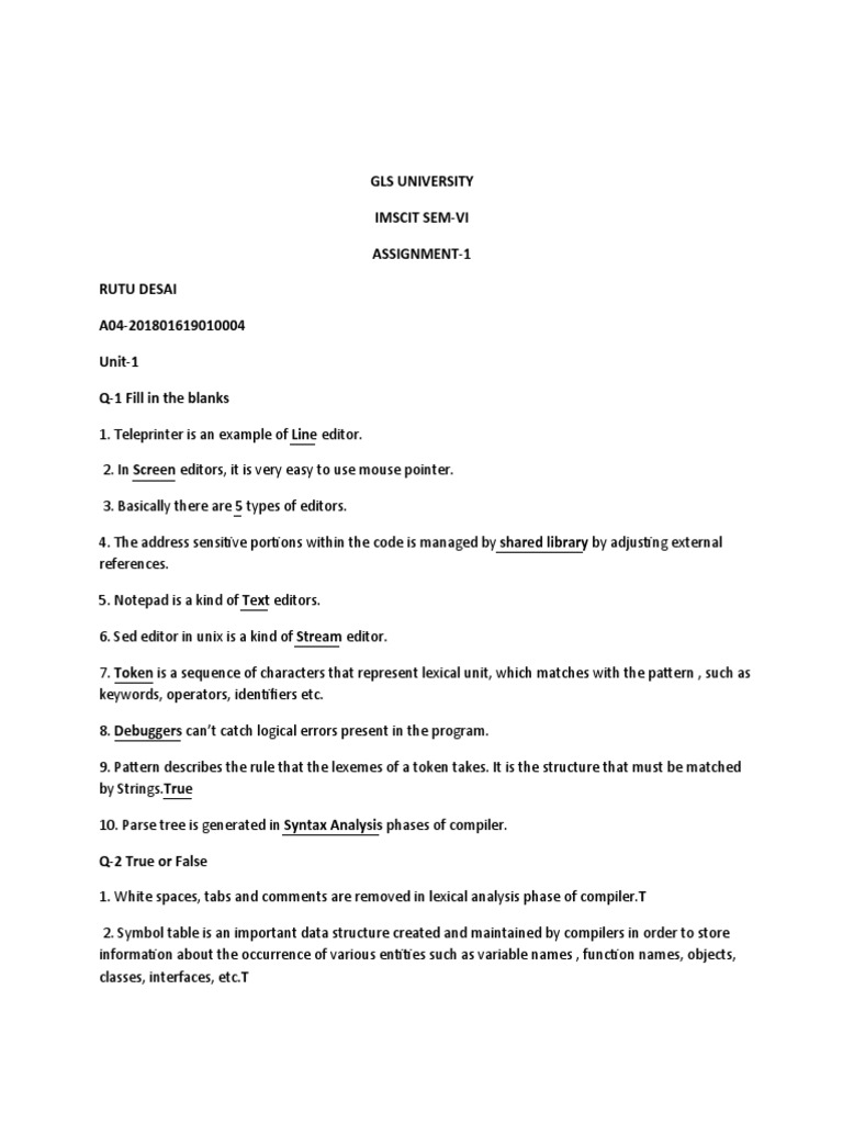 Gls University Imscit Sem-Vi Assignment-1 Rutu Desai A04-201801619010004 Unit-1 Q-1 Fill in The ...