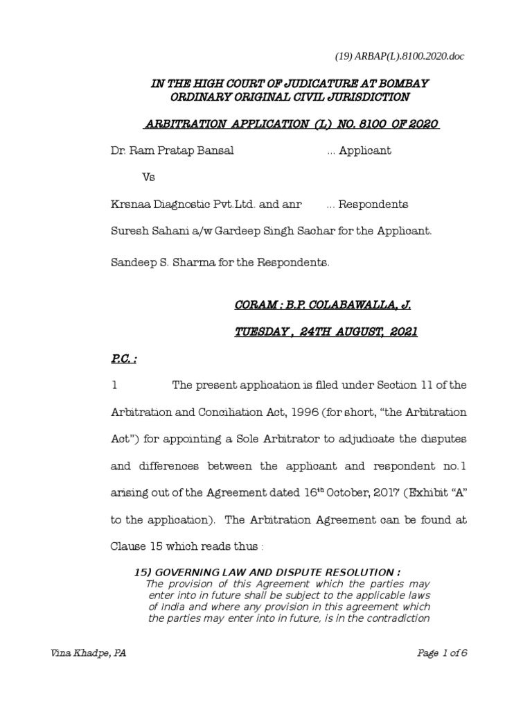 Format of The Arbitration Order | PDF | Arbitration | Justice