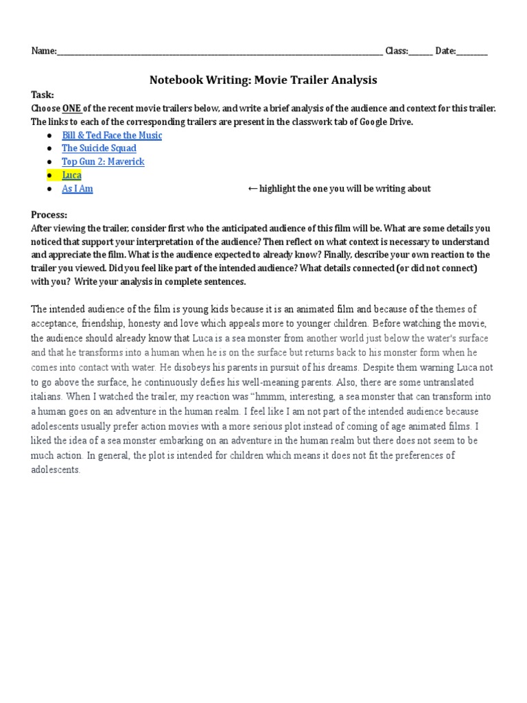 NB Writing 2 - Movie Trailer Analysis | PDF