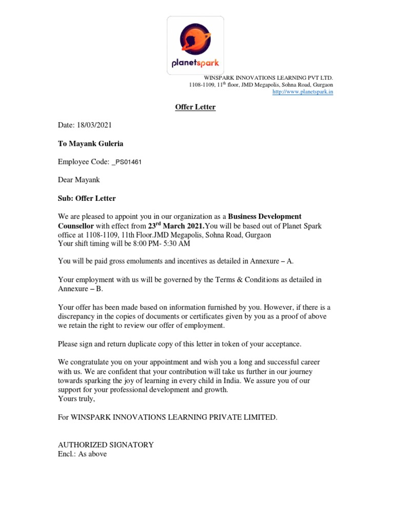 Offer - Letter - Planet - Spark - Mayank | PDF | Intellectual Property ...