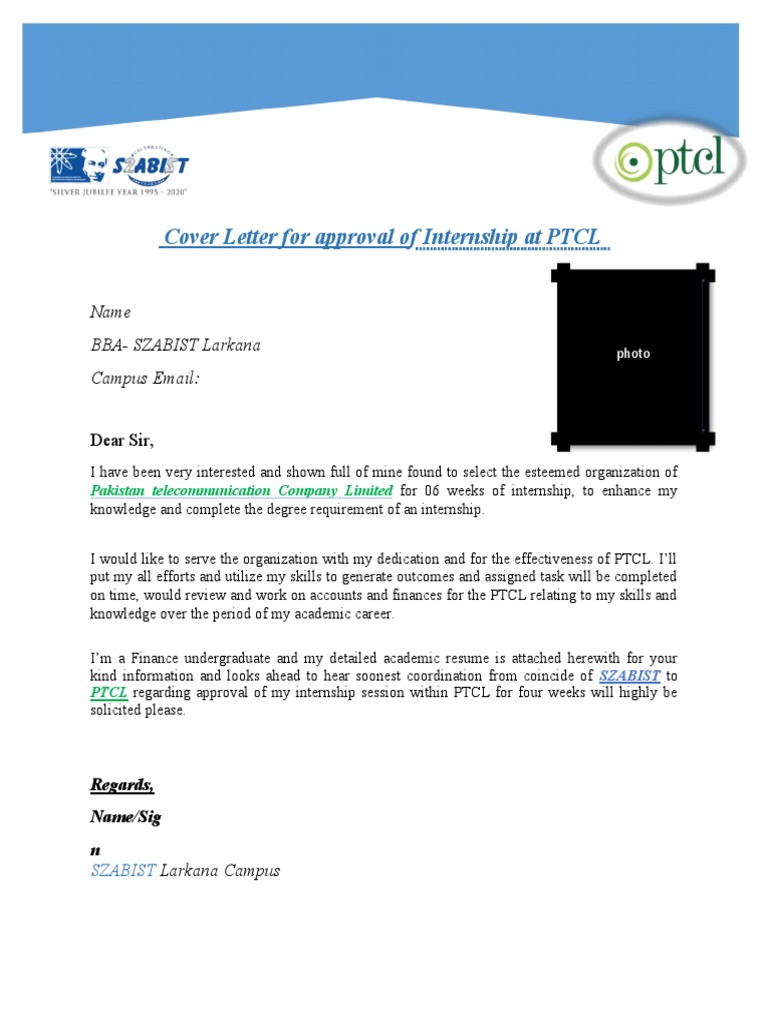 Cover Letter For Approval of Internship at PTCL: Name BBA-SZABIST ...