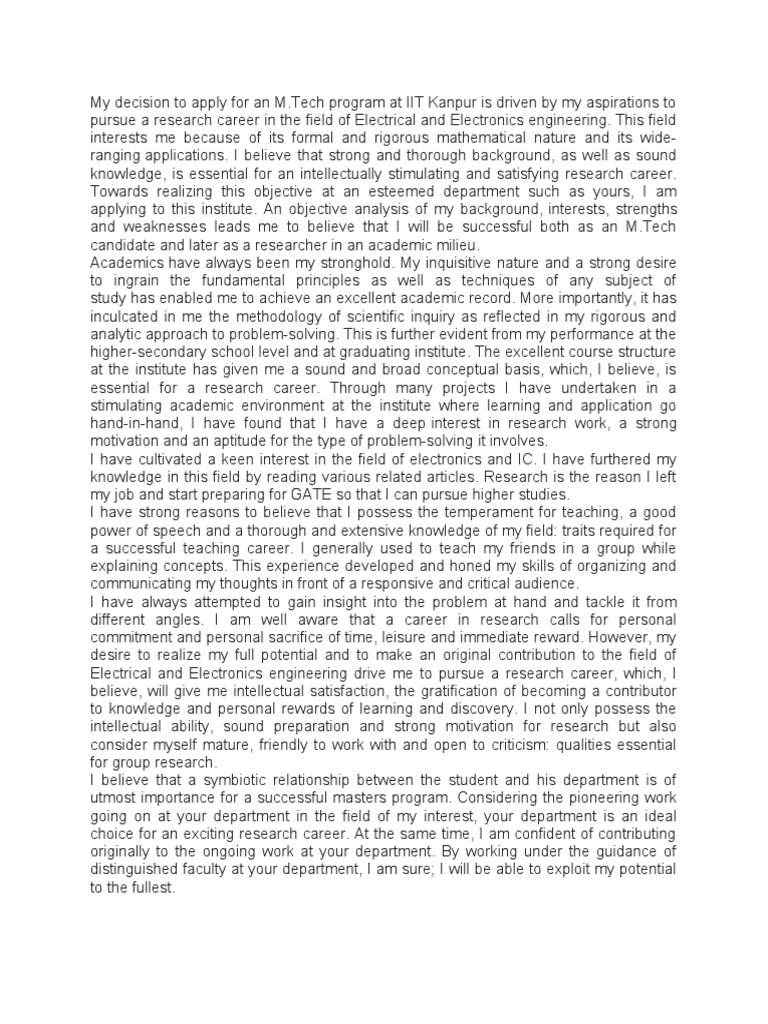 Statement of Intent - Mtech | PDF | Motivational | Motivation