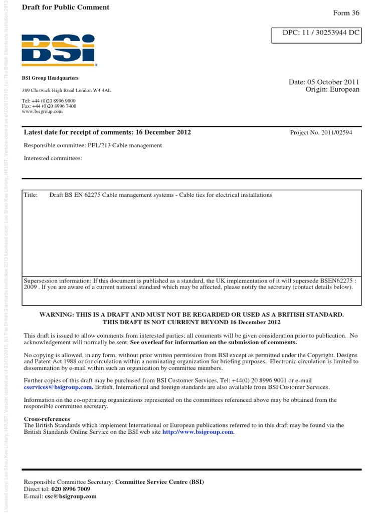 (BS EN 62275) - Cable Management Systems. Cable Ties For Electrical ...