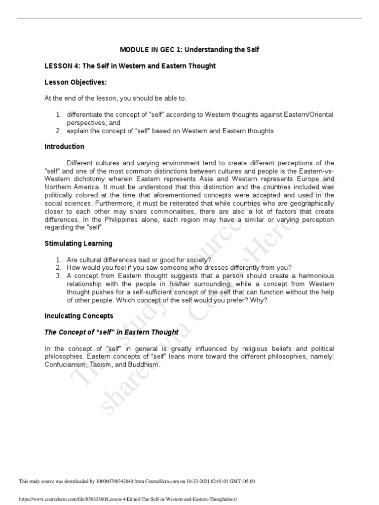 Lesson 4 Edited The Self in Western and Eastern Thought | PDF ...