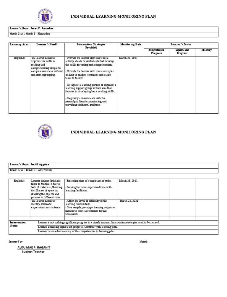 Individual Learning Monitoring Plan | PDF | Learning | Reading ...