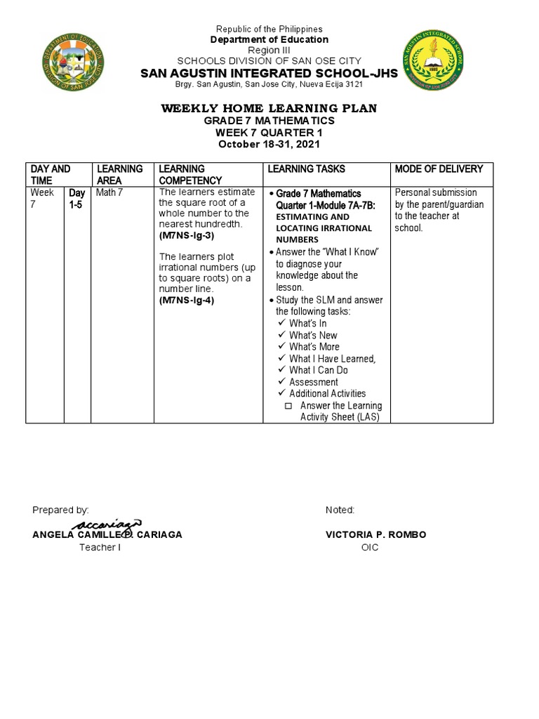 Weekly Math Learning Plans Grades 7-9 | PDF | Mathematical Relations | Mathematics